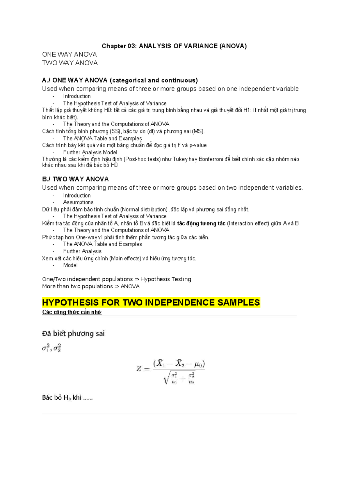 Chapter 03: Analysis of Variance (ANOVA) - One Way & Two Way - Studocu