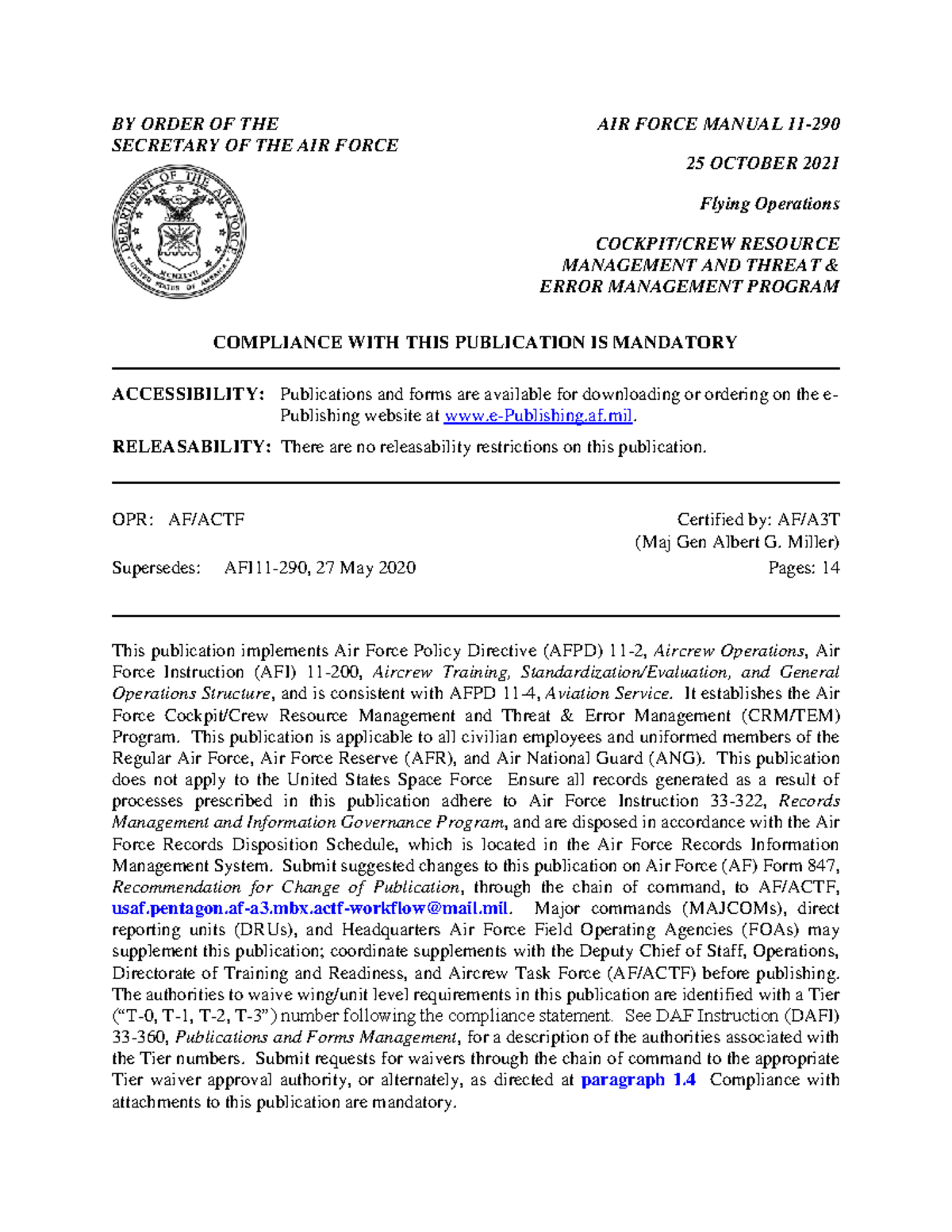 Air Force Manual 11-290: Enhanced Crew Resource & Threat Management ...