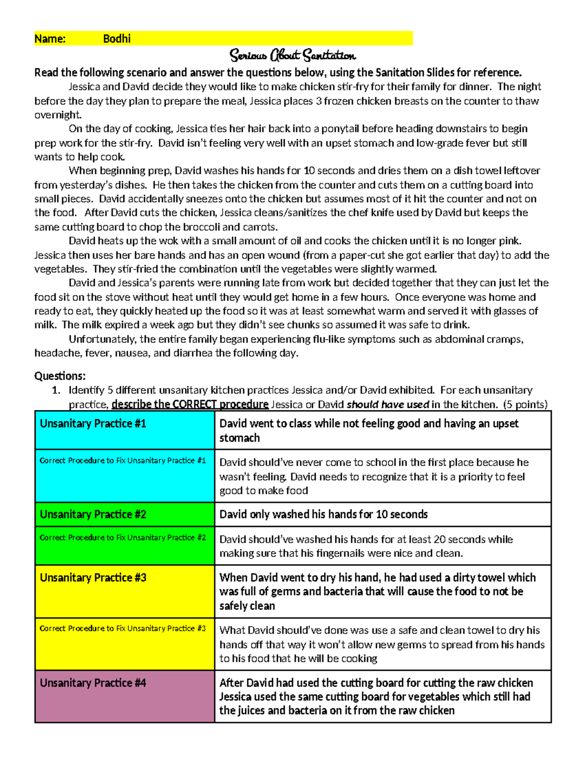 Serious About Sanitation: Worksheet Q&A on Food Safety Practices - Studocu