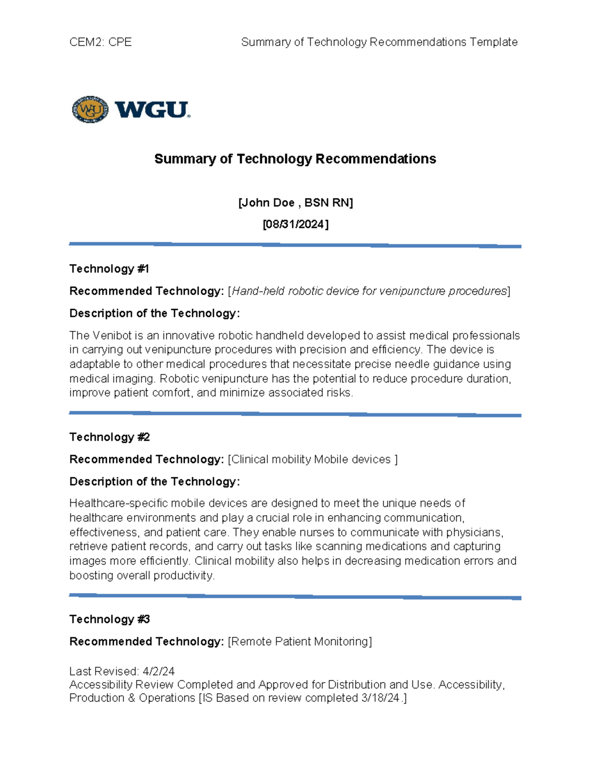 Summary of Technology Recommendations - The device is adaptable to ...