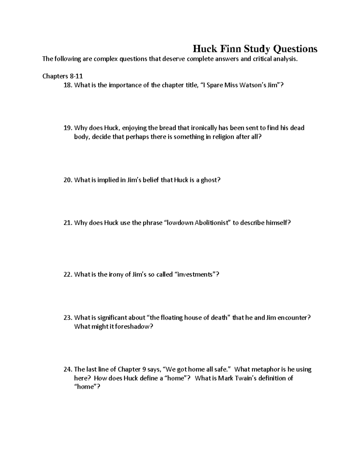 Huck Finn Study Questions 2: In-Depth Analysis of Chapters 18-30 - Studocu
