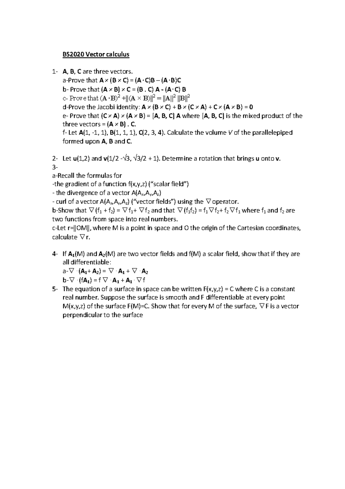 BS2020 Vector Calculus: Proving Identities and Volume Calculations - Studocu