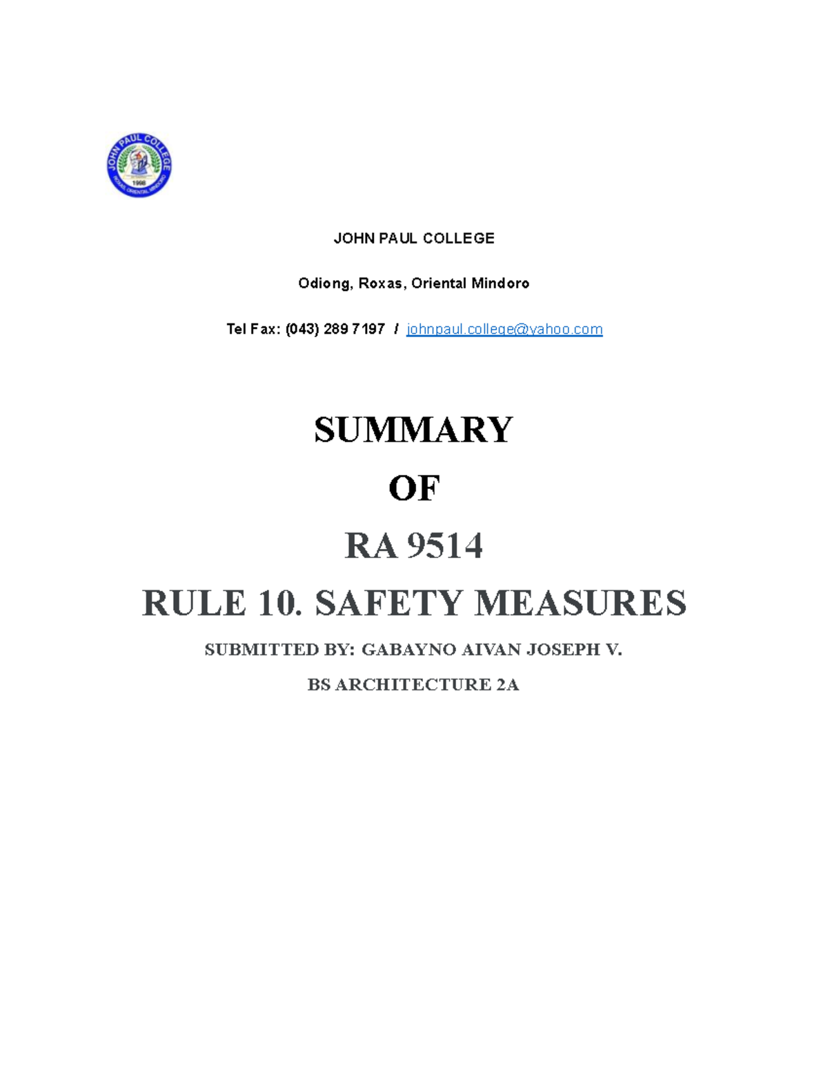 Summary of RA 9514: Fire Safety Measures - BS Architecture 2A - Studocu