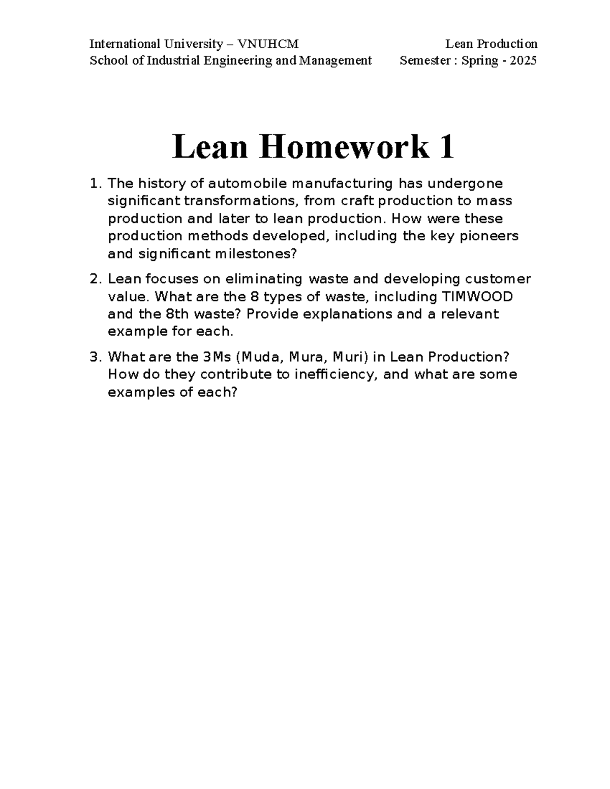 Lean Production [Lean 25] Homework 1 - Chapter 1 Overview and Insights - Studocu