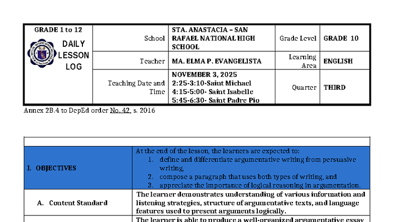 GRADE 10 ENGLISH Lesson Plan: Argumentative vs. Persuasive Writing ...