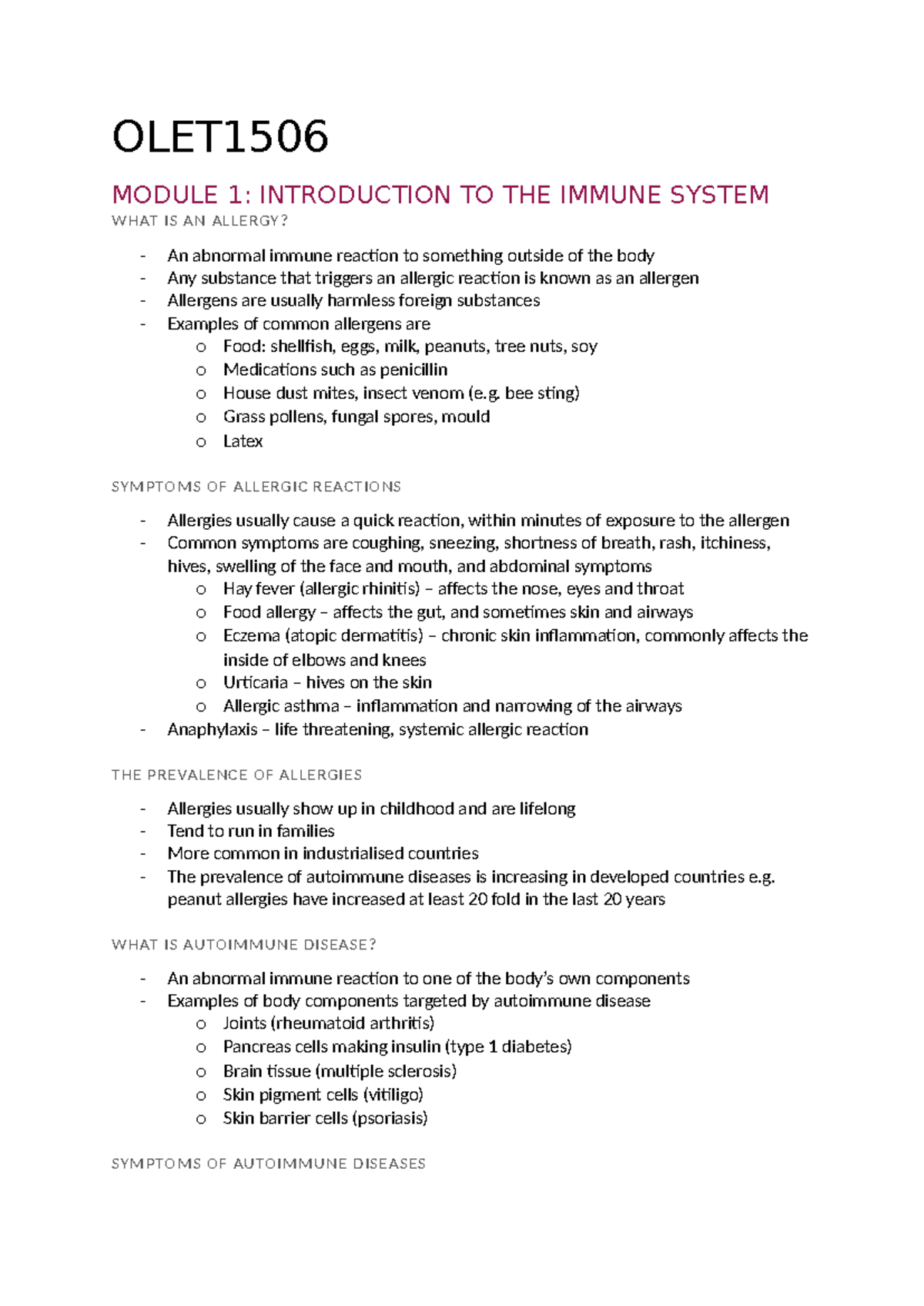 OLET1506 MODULE 1: IMMUNE SYSTEM, ALLERGIES & AUTOIMMUNE DISEASES - Studocu