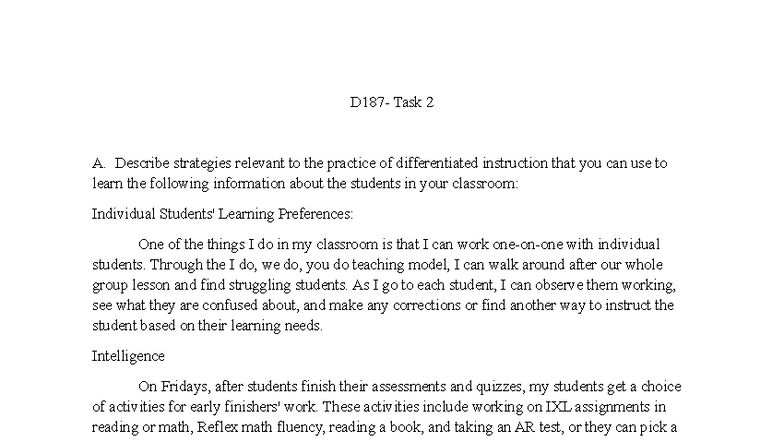D187 - Task 2: Strategies for Differentiated Instruction in Classrooms ...