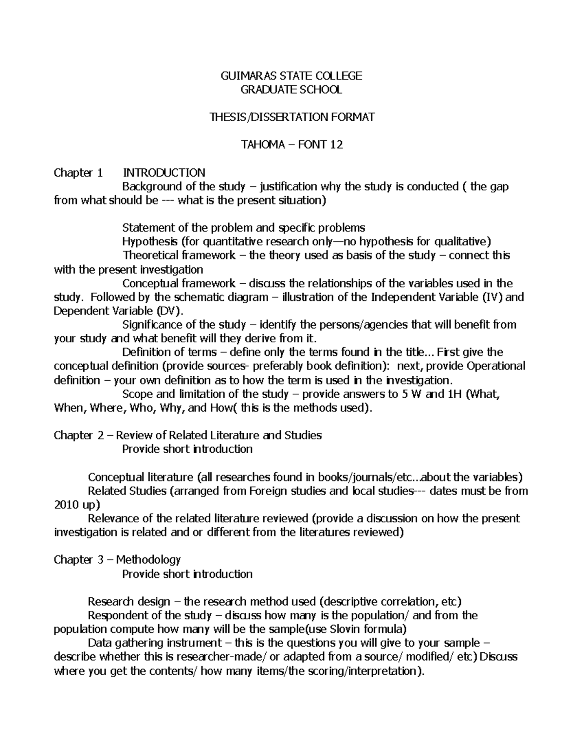 Thesis/Dissertation Format Guide - GUIMARAS STATE COLLEGE - Studocu