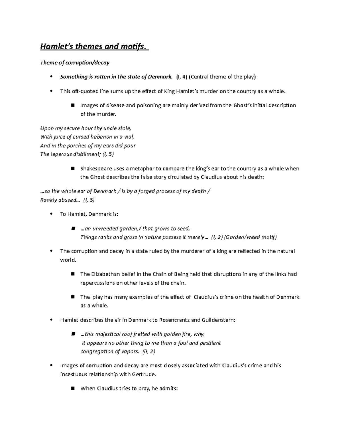 Hamlet themes motifs handout - Hamlet’s themes and moifs. Theme of ...