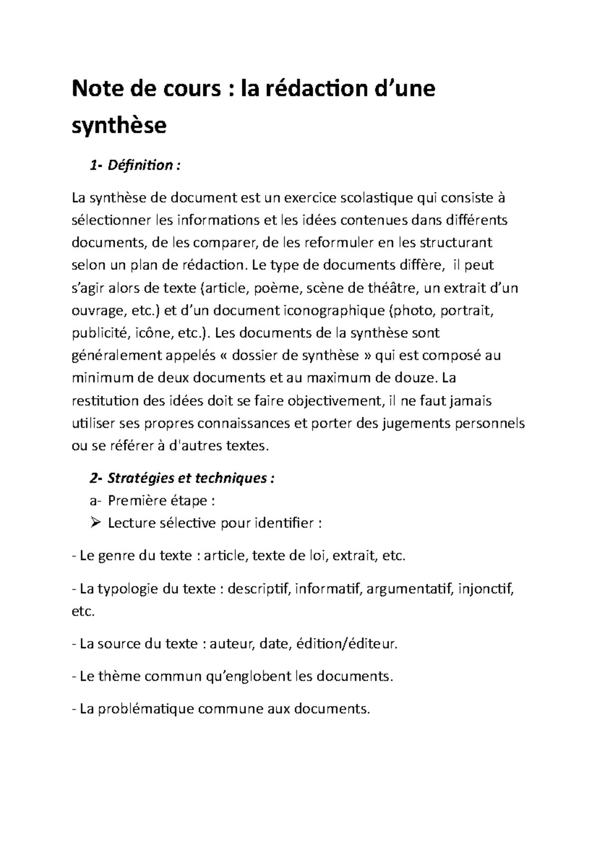 Rédaction-synthèse - Comment rédiger une synthèse - Note de cours : la ...