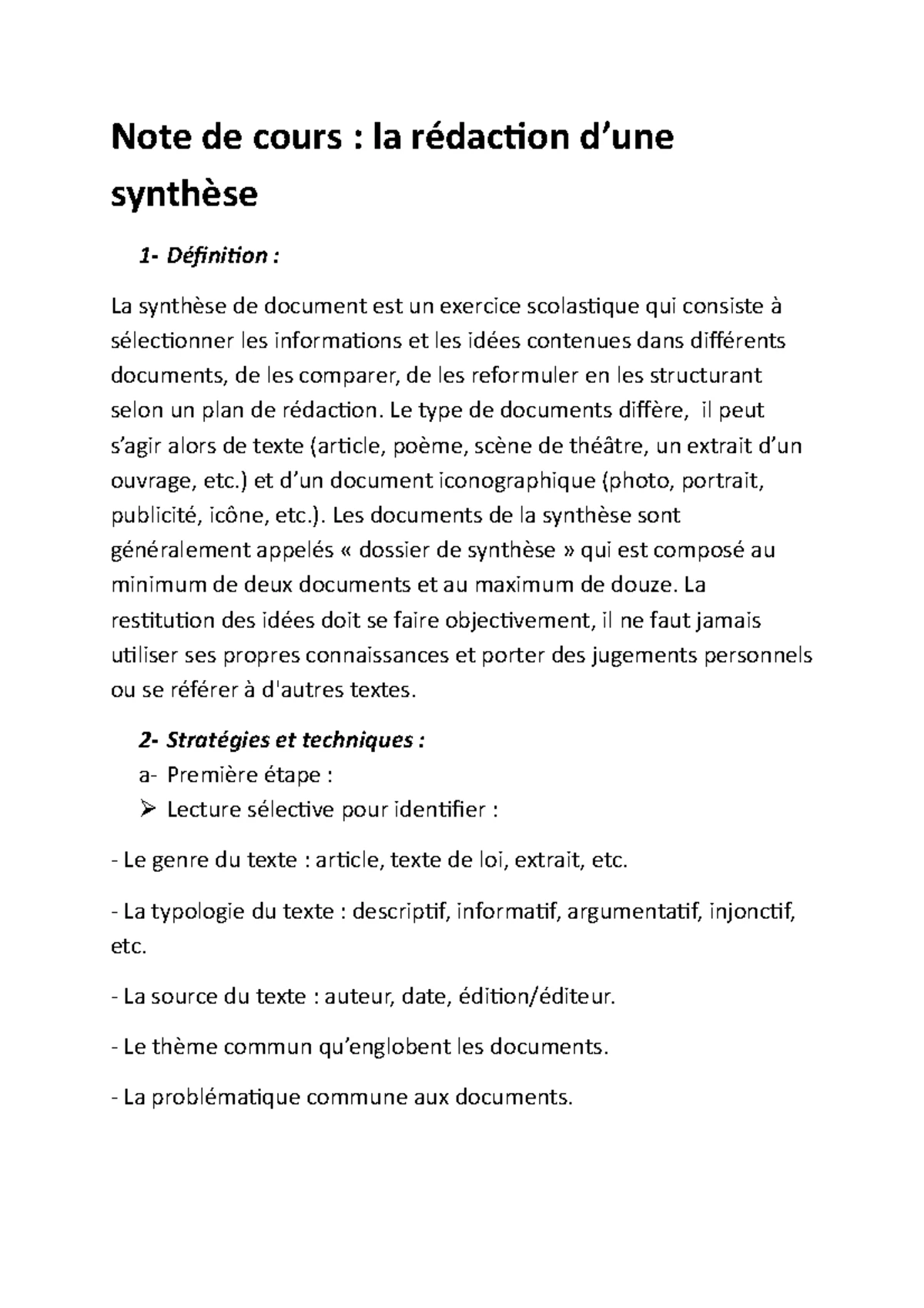 Rédaction-synthèse - Comment rédiger une synthèse - Note de cours : la rédaction d’une synthèse ...