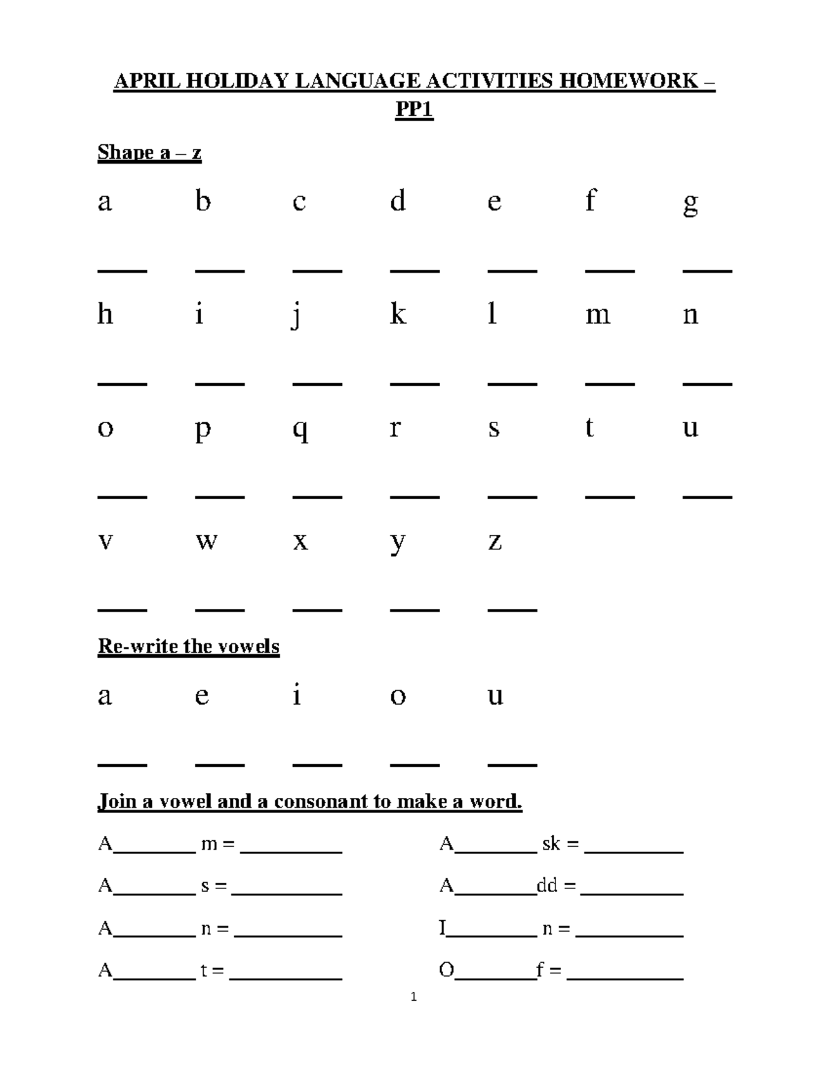 PP1 Holiday Assignment: Language, Math & Creative Activities - Studocu