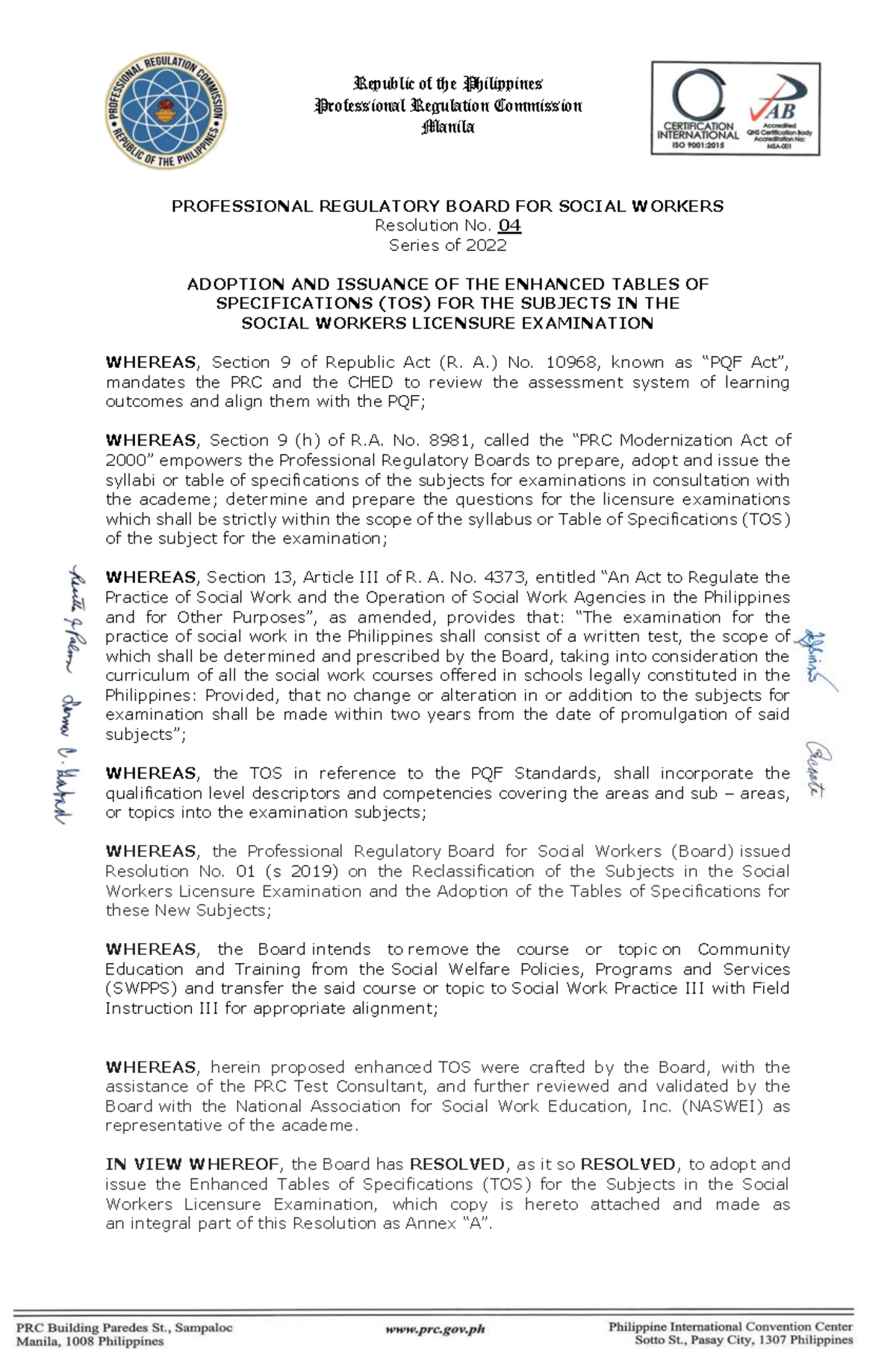 Enhanced Tables of Specifications (TOS) for Social Workers Licensure ...