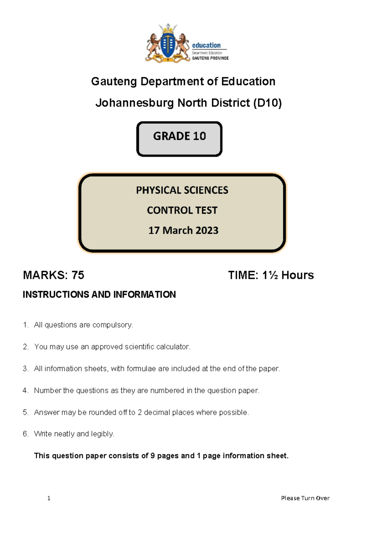 Grade 10 Physical Science Control Test 1: Understanding Waves & Charges ...