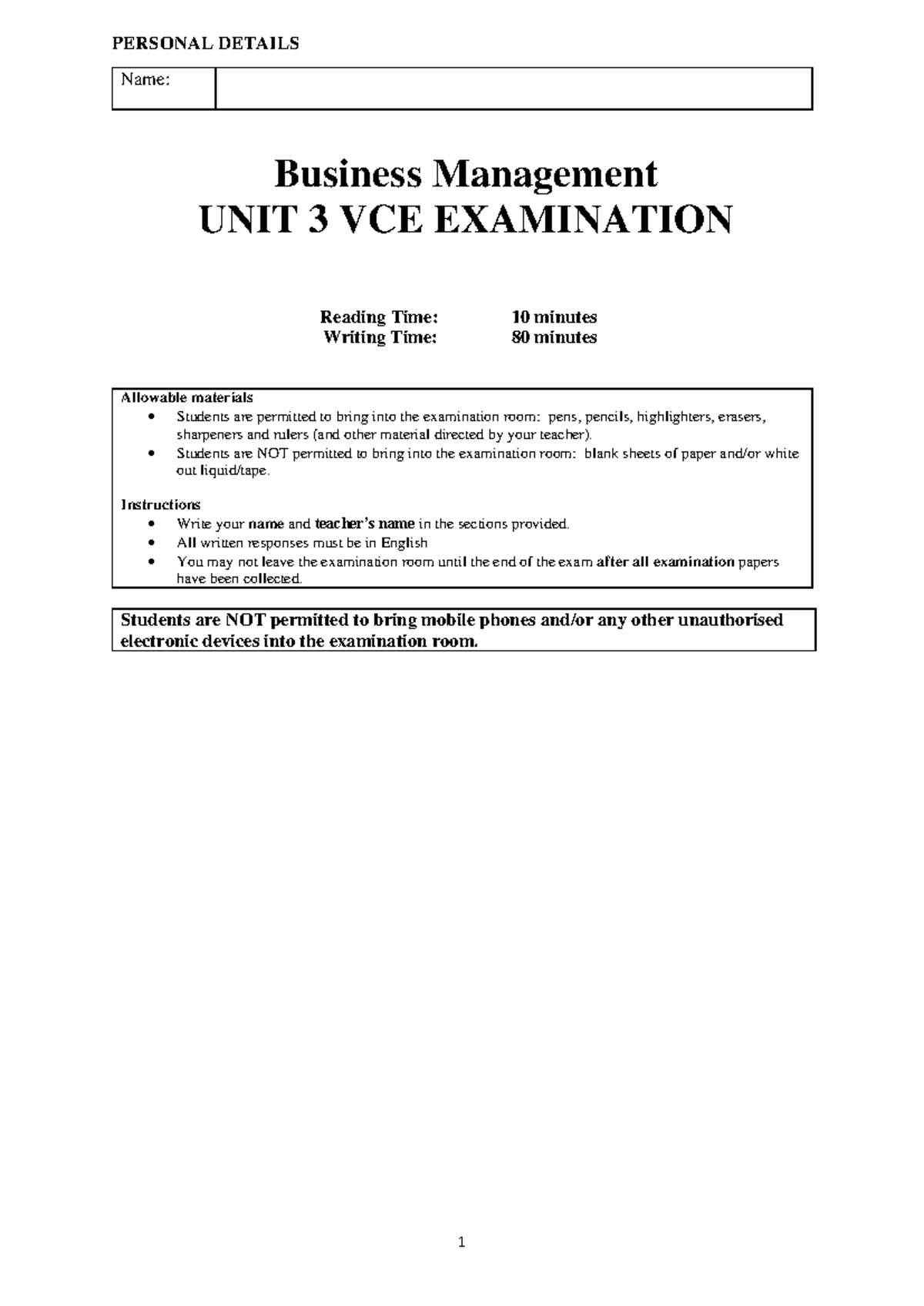 UNIT 3 VCE Exam Practice 2021 - Business Management Insights - Studocu