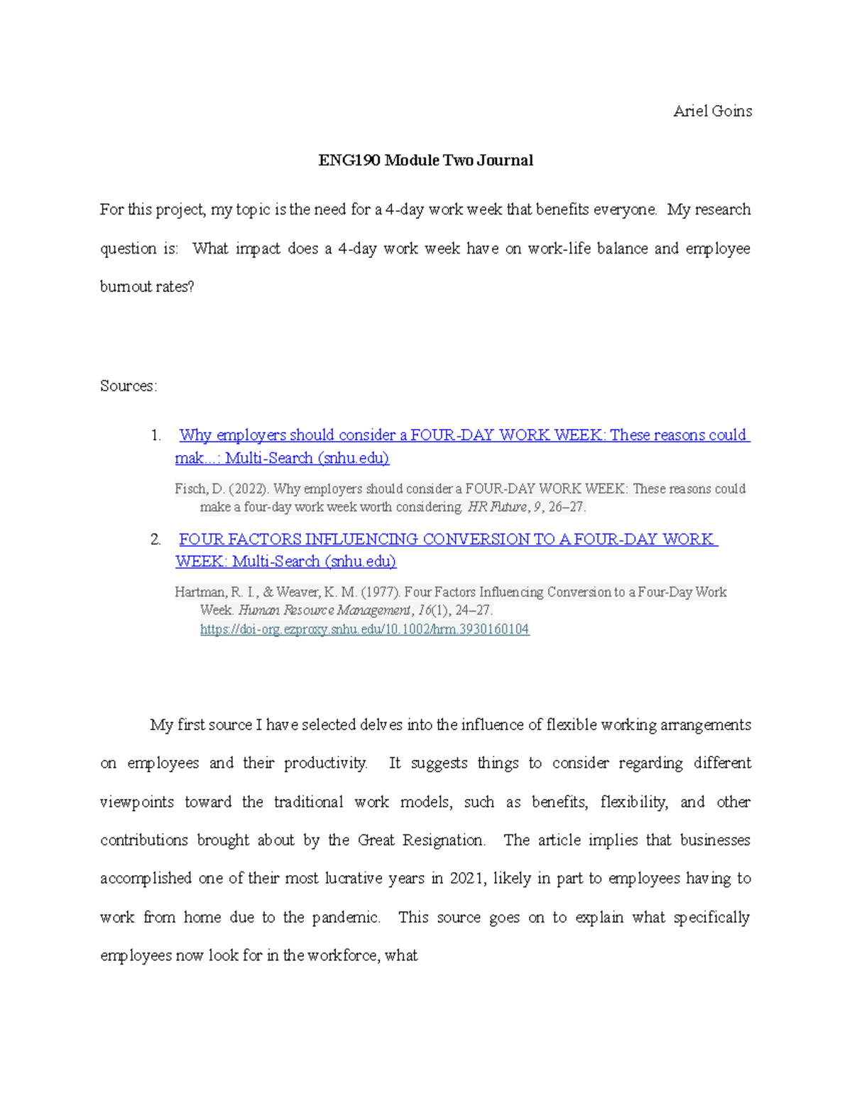 ENG190 Module Two Journal: The Benefits of a 4-Day Work Week - Studocu