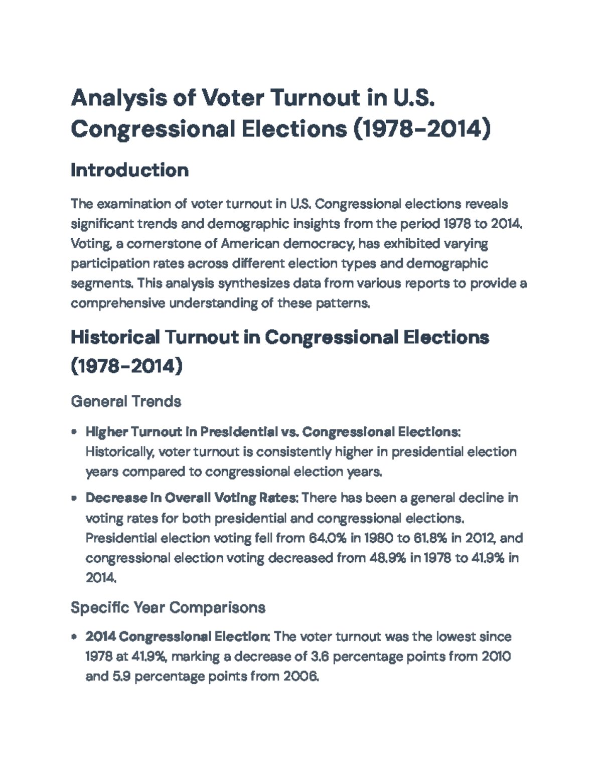 Analysis of Voter Turnout Trends in U.S. Congressional Elections (1978 ...