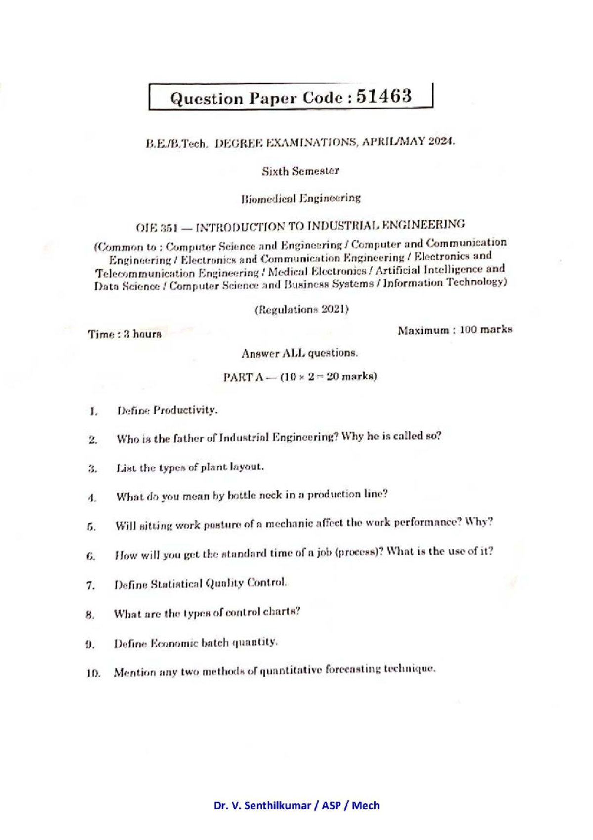 OIE 351 Final Exam Question Paper - Introduction to Industrial ...