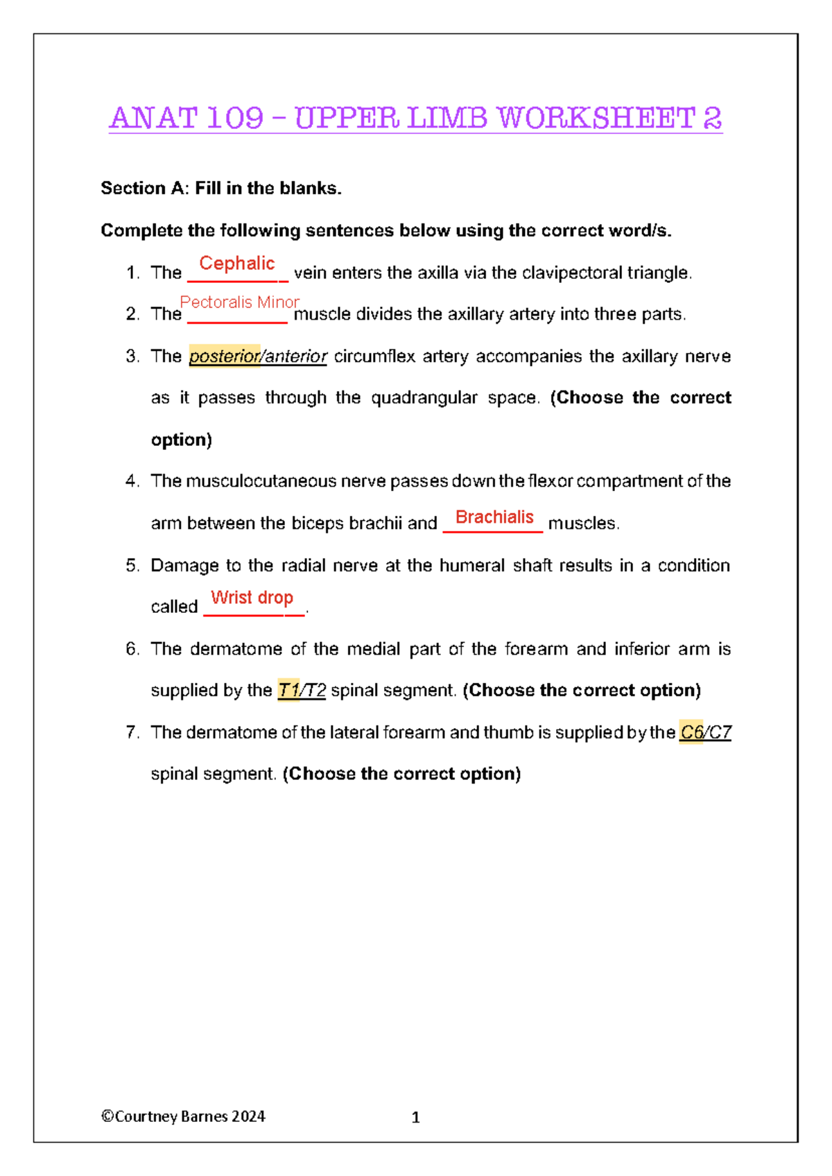 ANAT 109 UPPER LIMB WORKSHEET 2 - Practice Material for Neuro - Studocu