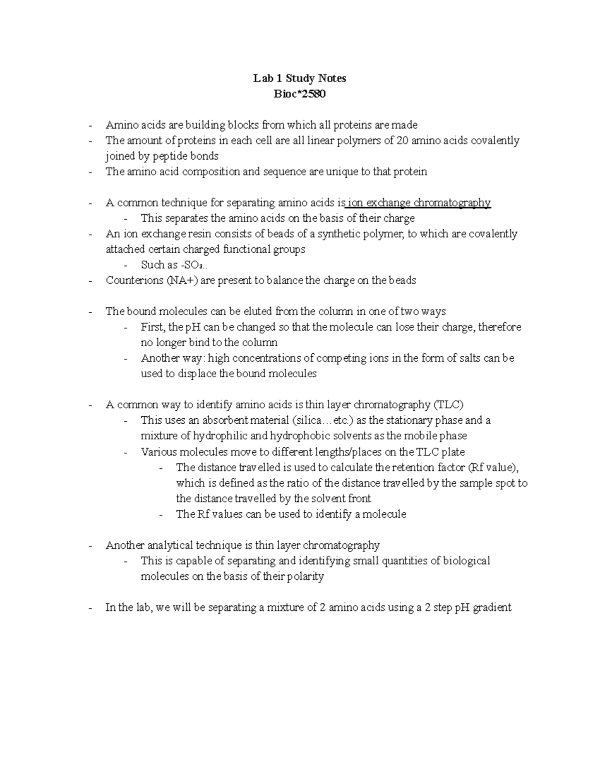 Lab 1 Study Notes: Amino Acids & Separation Techniques in Bioc*2580 ...