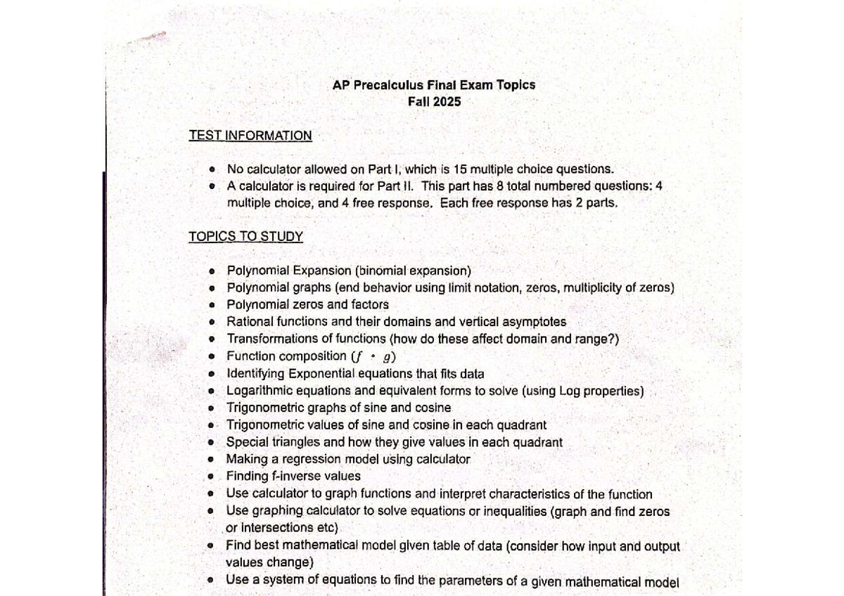 AP Precalculus Final Exam Topics Fall 2025 Study Guide - Studocu