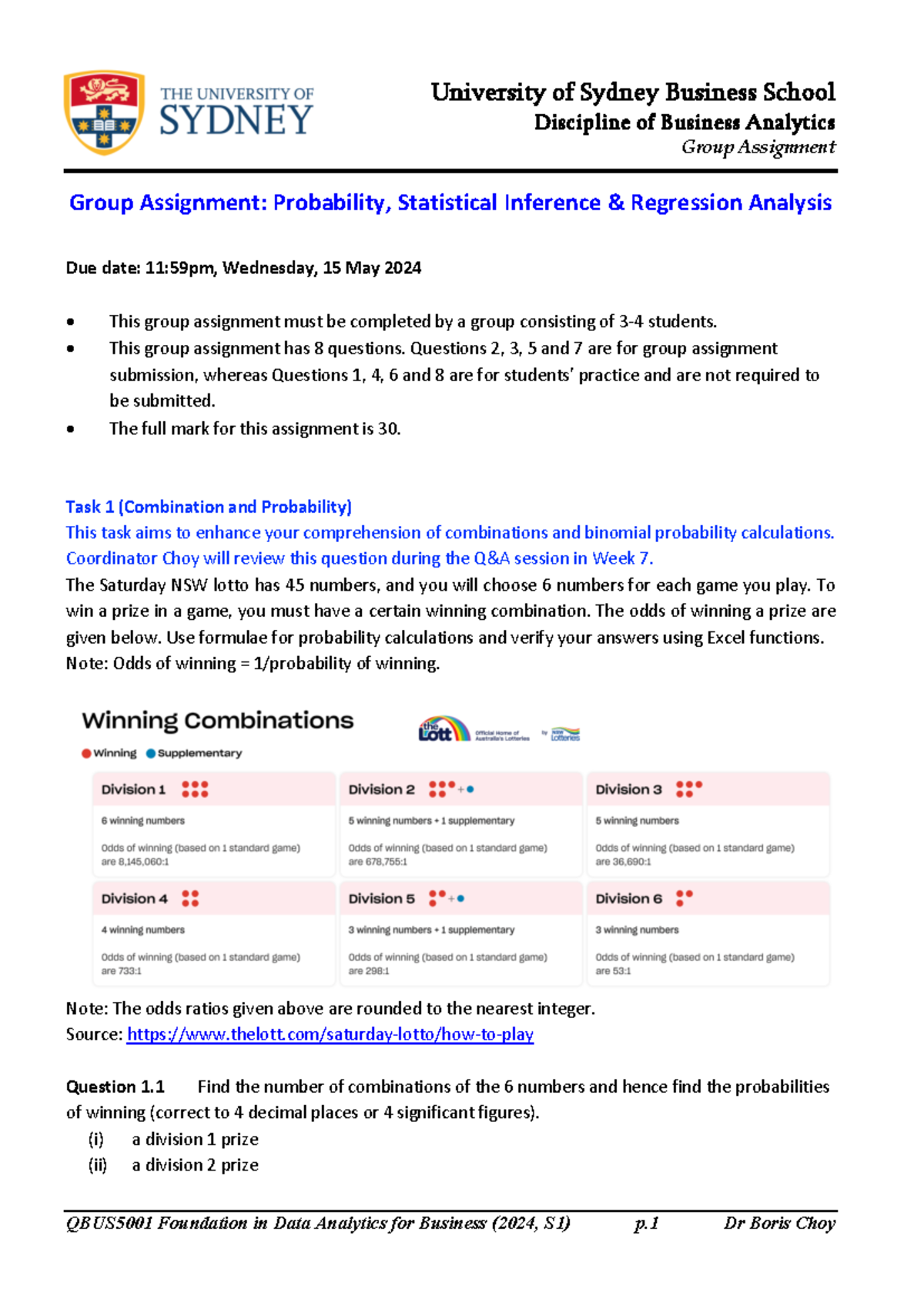QBUS5001(2024S1) Group Assignment: Statistical Inference & Analysis Tasks - Studocu