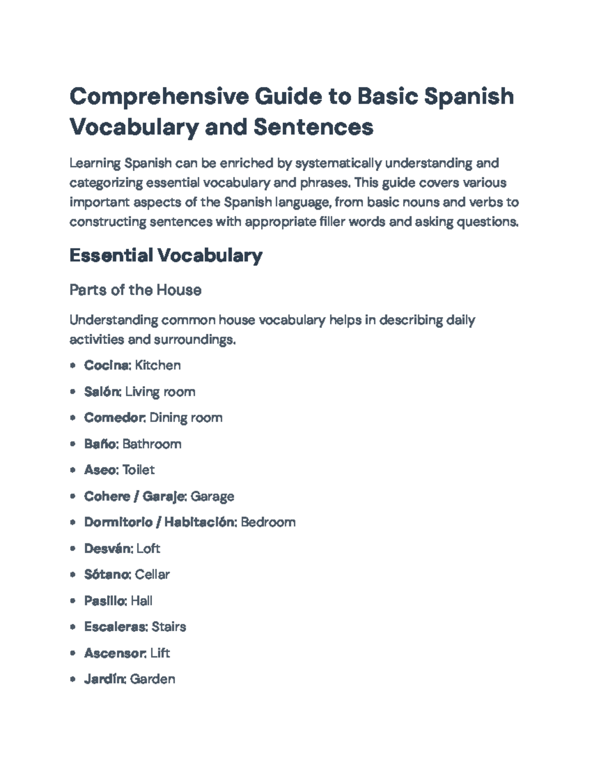 Comprehensive Guide to Basic Spanish Vocabulary and Sentences ...