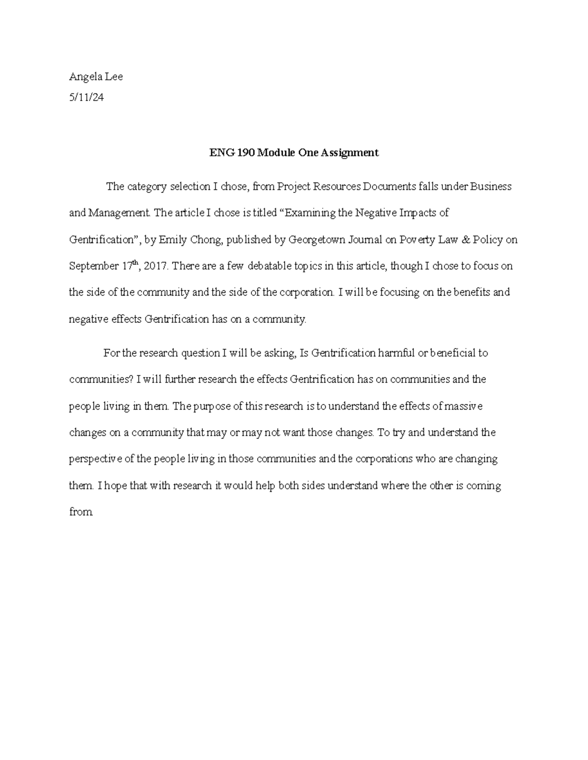 ENG 190 Module One Assignment: Analyzing Gentrification's Impacts - Studocu