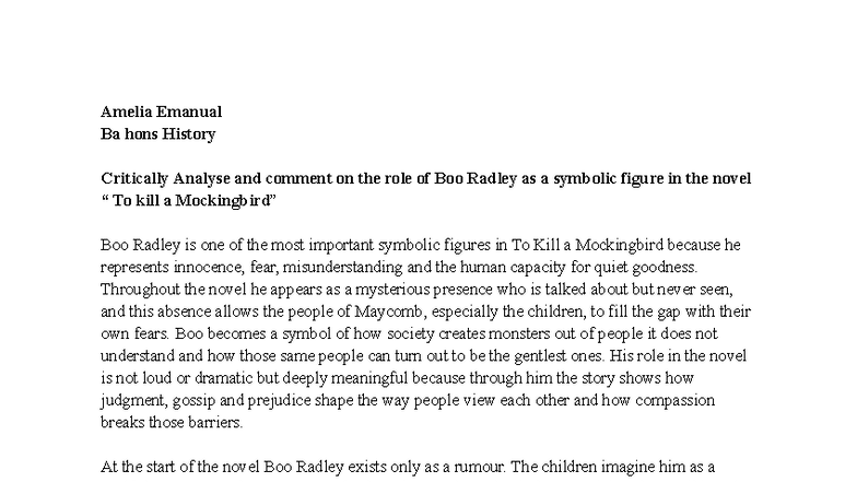 BA Hons History: Analyzing Boo Radley's Symbolism in To Kill a ...