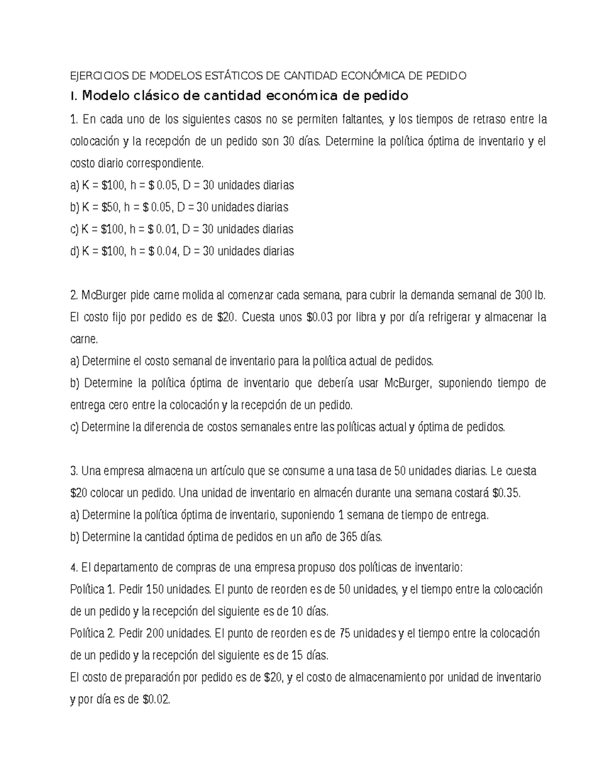 Ejercicios de Inventario: Modelos de Cantidad Económica de Pedido - Studocu