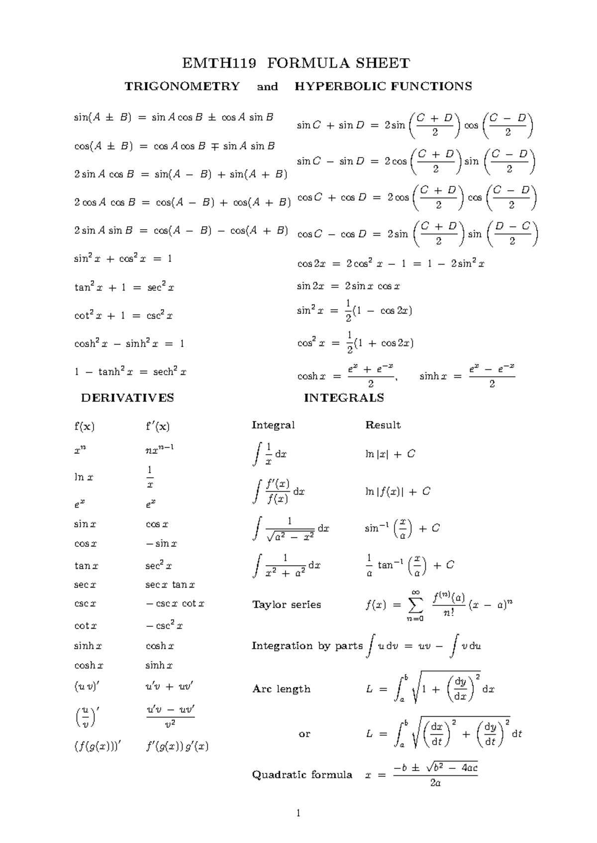 EMTH119 Trigonometry & Calculus Formula Sheet for Test - Studocu