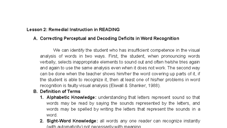 Lesson 2: Remedial Instruction in Reading - Addressing Word Recognition ...