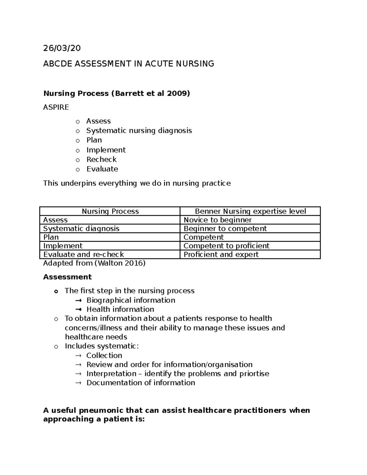 ABCDE Assessment in Acute Nursing: Key Processes and Guidelines - Studocu