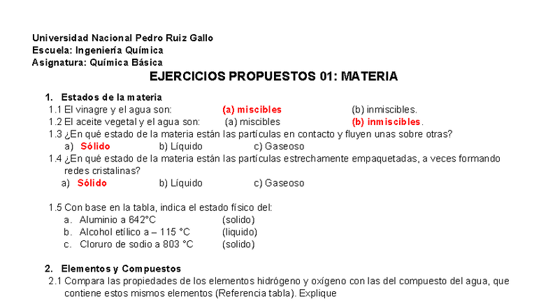 Química Básica - Ejercicios Propuestos 01: Estados y Propiedades de la ...