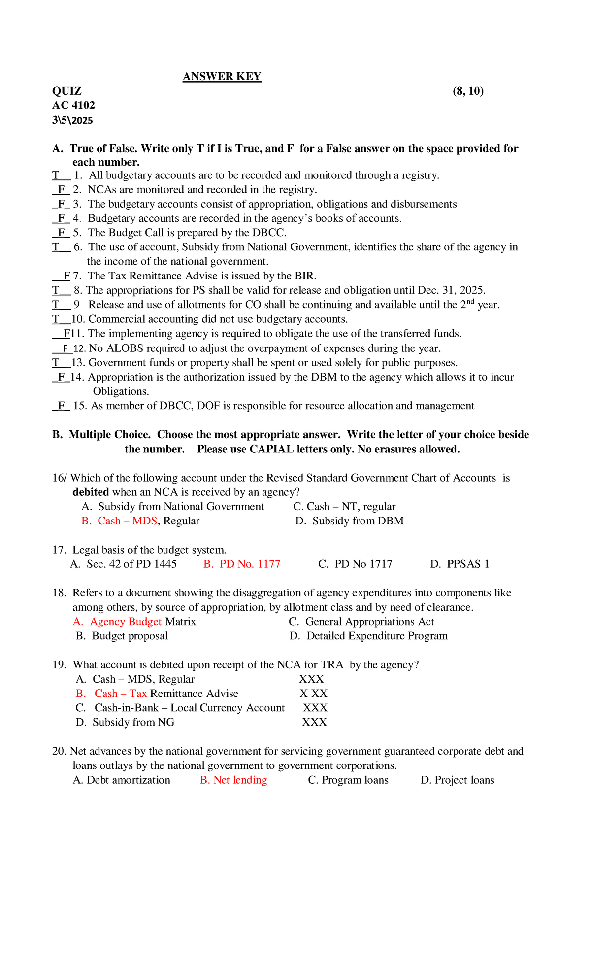 ANSWER KEY QUIZ AC 4102 (8, 10) - True/False & Multiple Choice - Studocu