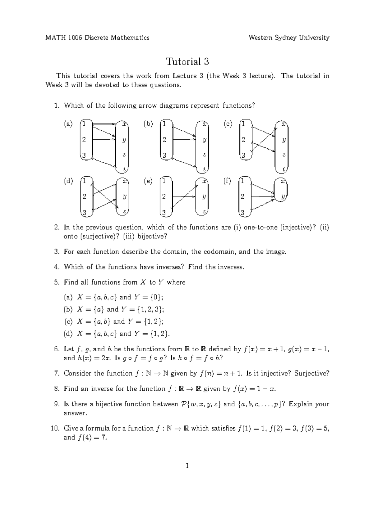 MATH 1006 Tutorial 3: Functions, Injectivity, and Inverses in Discrete ...