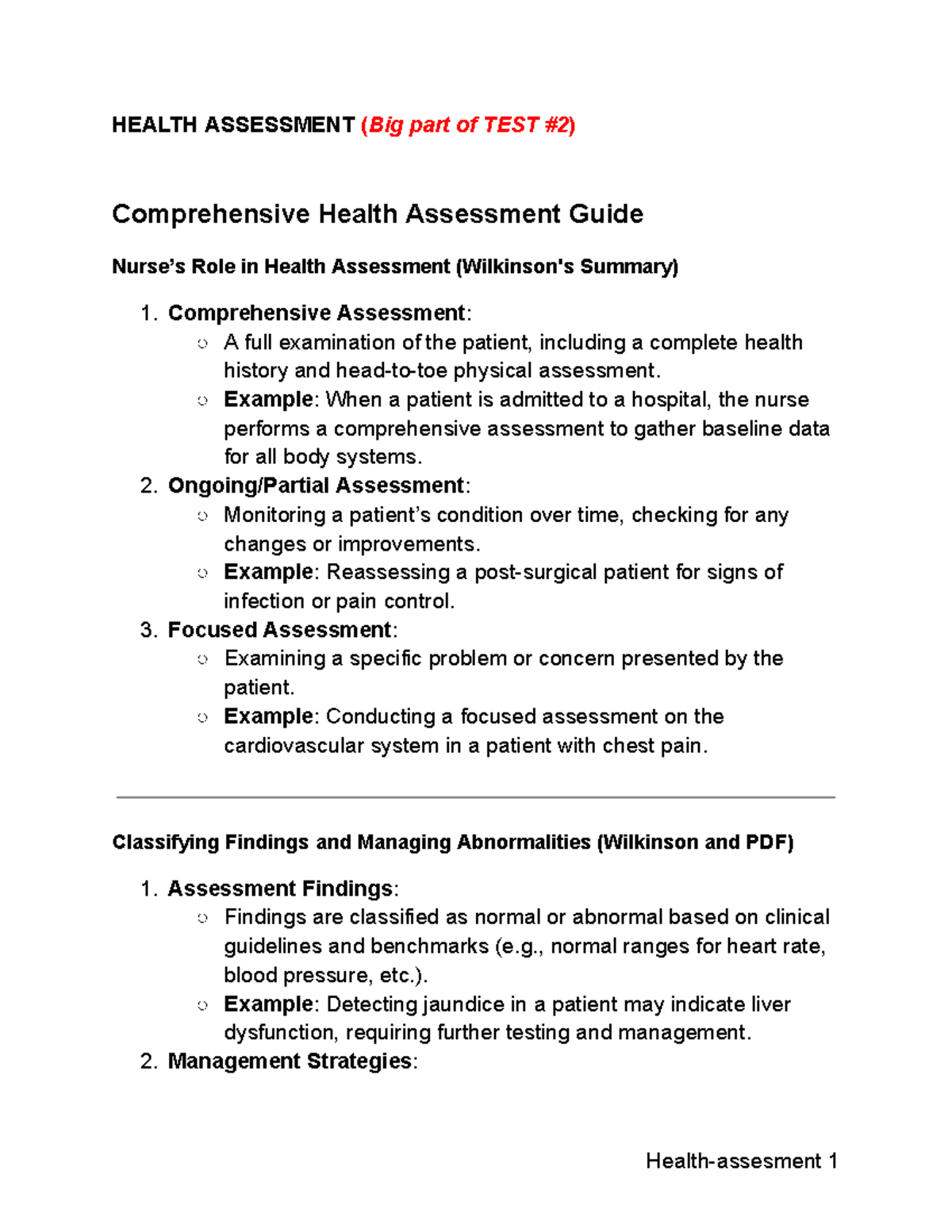 Comprehensive Health Assessment Notes for TEST #2 - Studocu