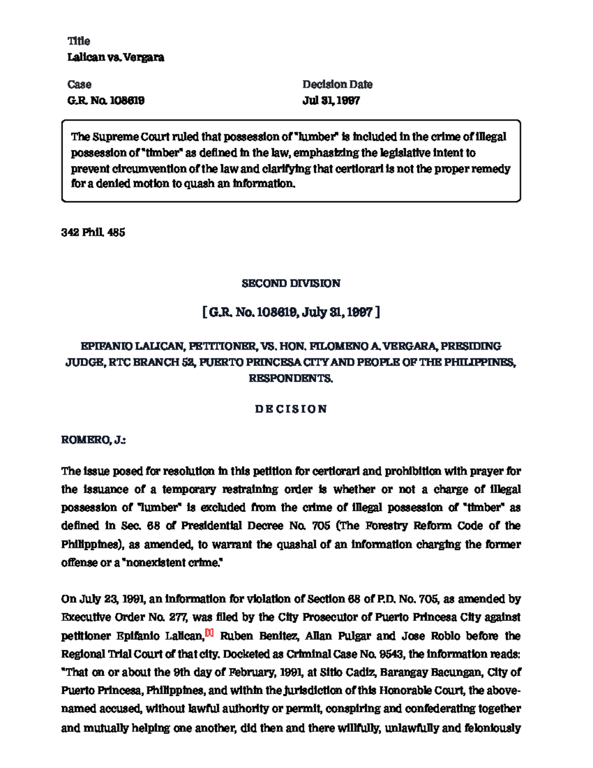 Lalican vs. Vergara: Analysis of G.R. No. 108619 Decision - Studocu