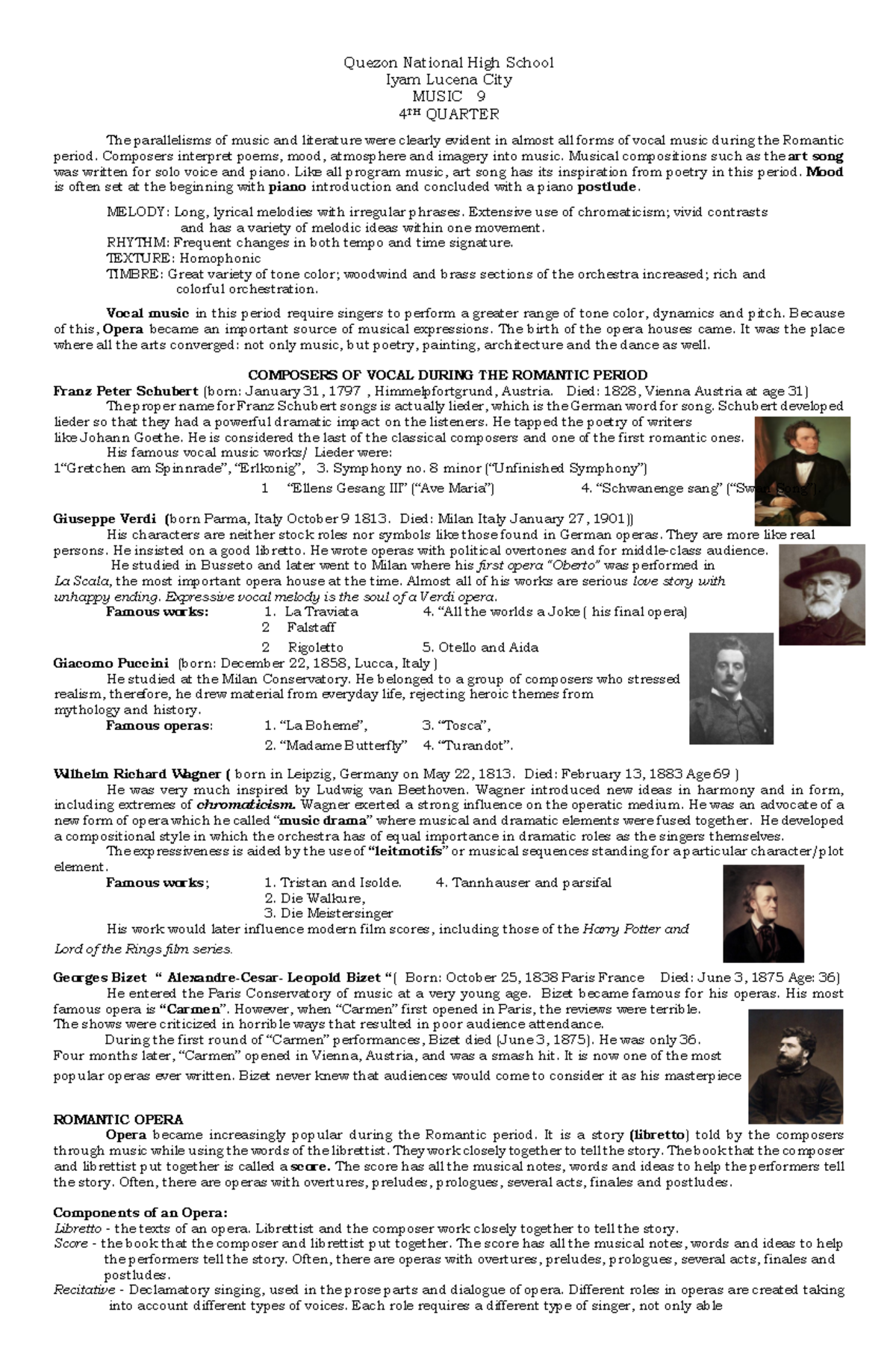 MUSIC 9 4TH QUARTER LECTURE: Vocal Music in the Romantic Period - Studocu