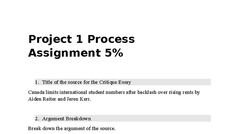 Project 1 Process Assignment - F23: Critique of International Student Policy - Studocu