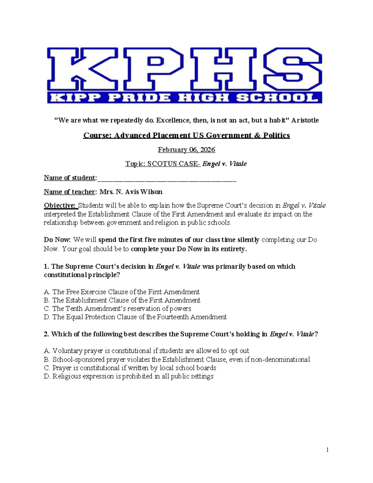 AP US Gov: SCOTUS Engel v. Vitale Case Study Notes - Studocu