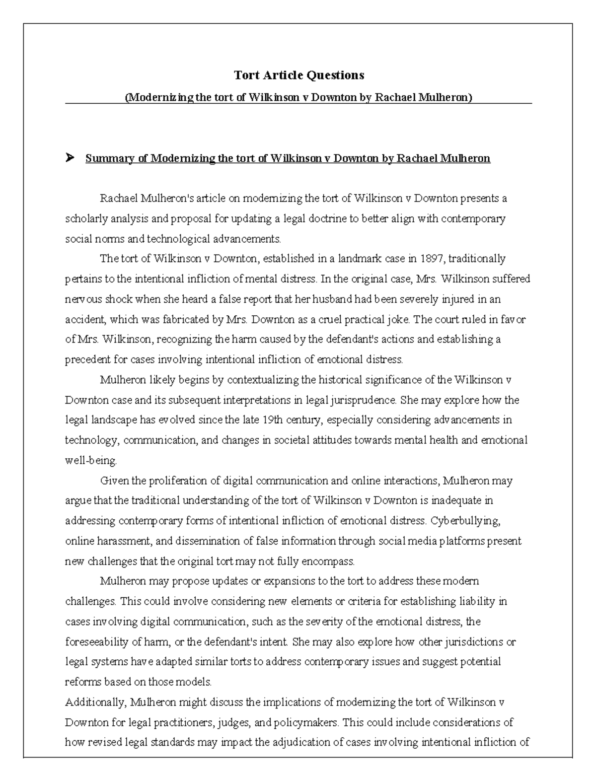 Revisiting the Tort of Wilkinson v Downton: Insights and Questions ...