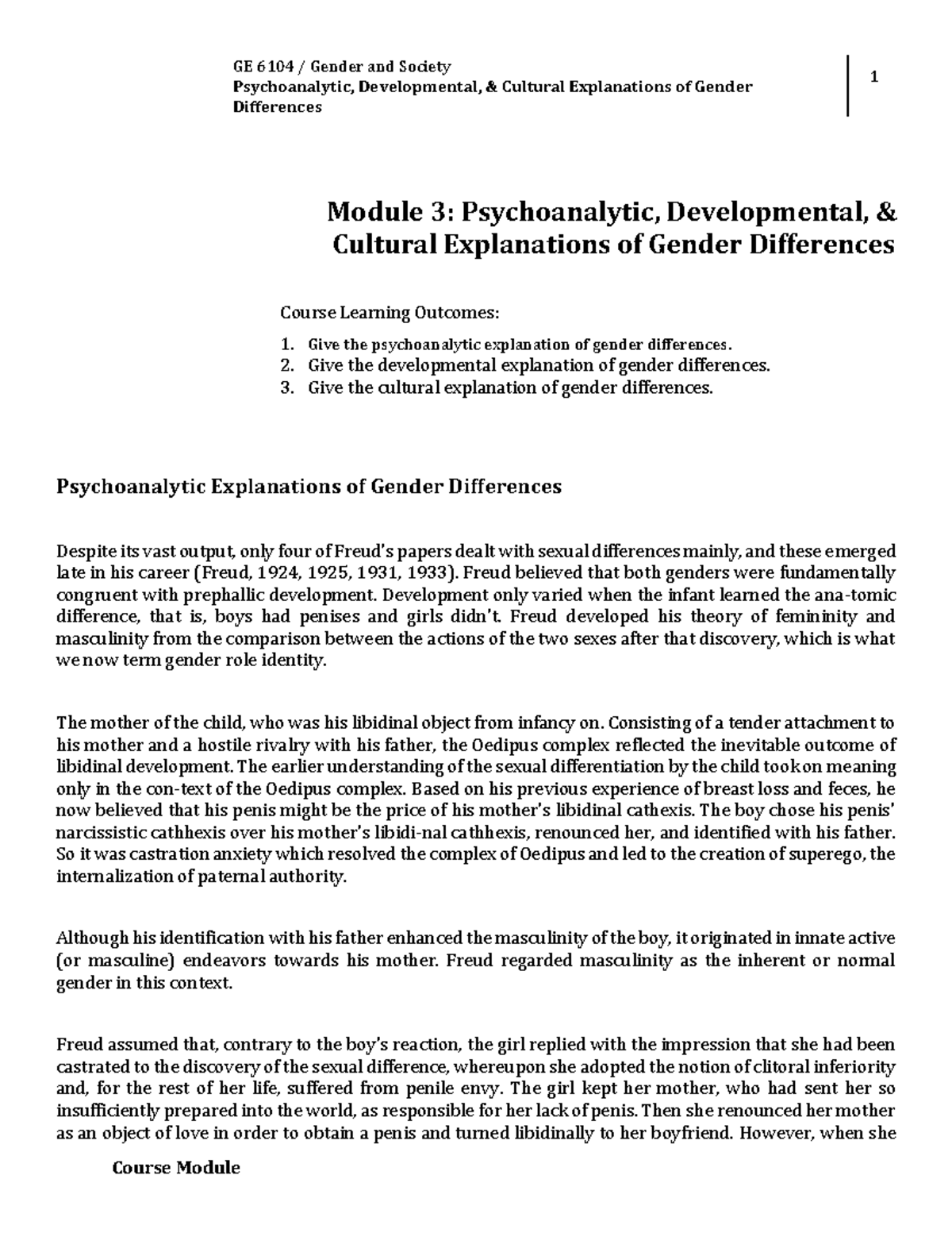 W3- Module 003 Psychoanalytic Developmental and Cultural Explanations of Gender Differences ...