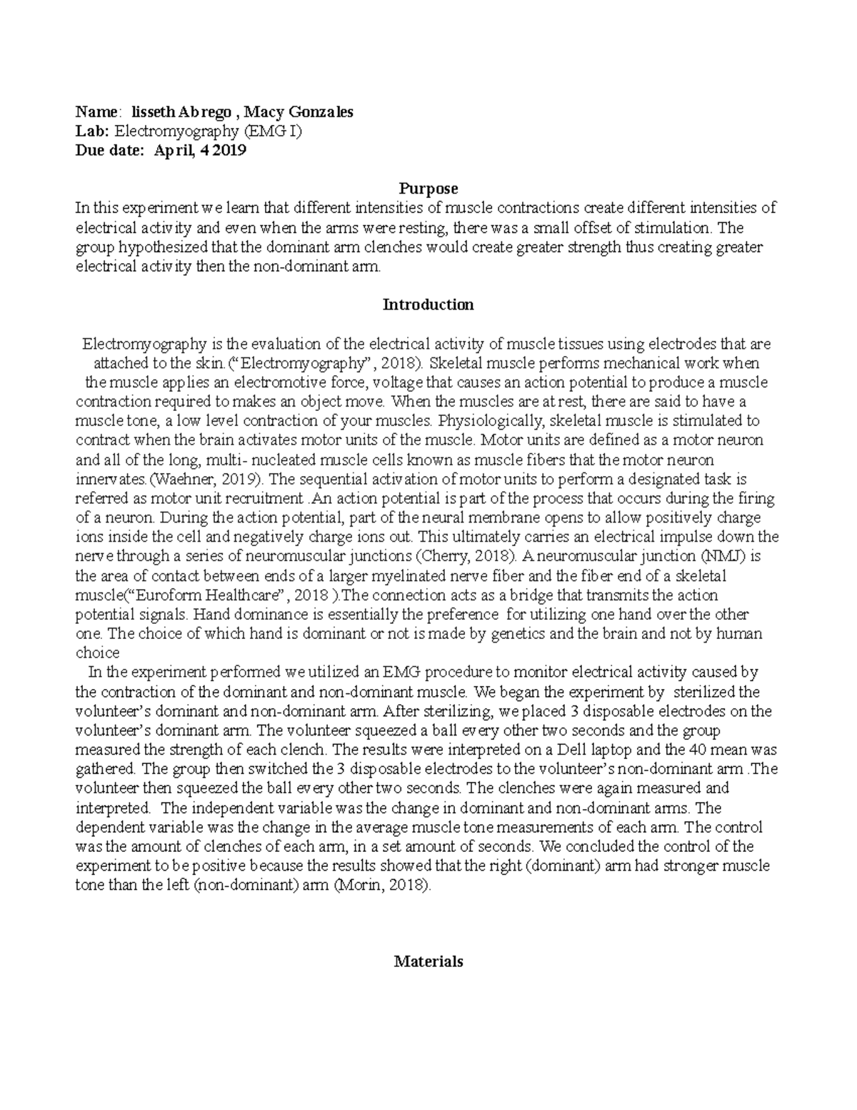 EMG Lab Report: Muscle Contraction Intensities and Electrical Activity ...