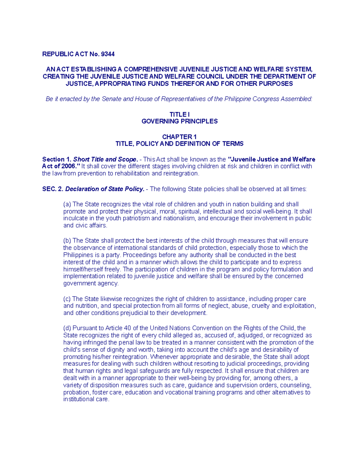 RA. NO. 9344 ( Juevenile) - REPUBLIC ACT No. 9344 AN ACT ESTABLISHING A ...