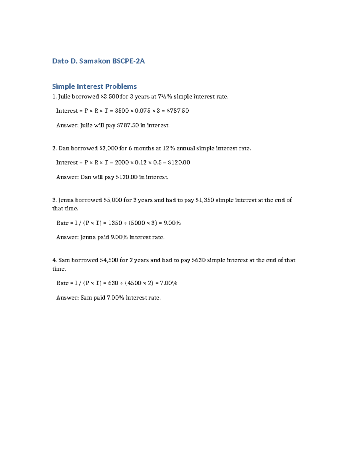 Simple Interest Problems 1: Dato D. Samakon Analysis - Studocu