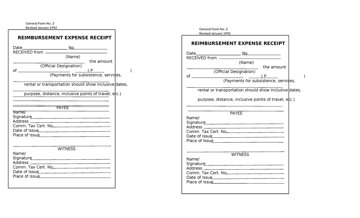 Reimbursement Expense Receipt Form - General Form No. 2 - Studocu