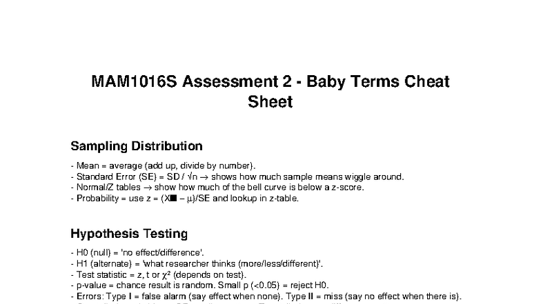 MAM1016S Assessment 2 Cheat Sheet: Sampling Distribution & Hypothesis ...