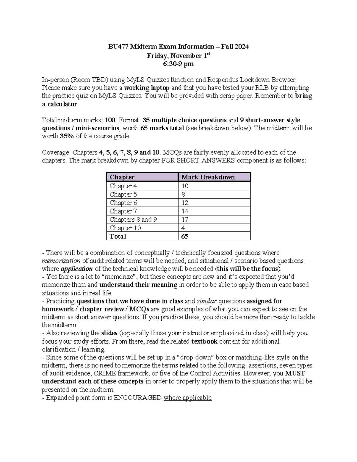 BU477 F24 Midterm Exam Details & Preparation Guide - Studocu