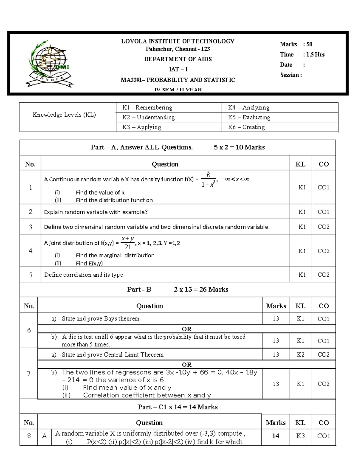 IAT 1 MA3391 Probability and Statistics Quiz Questions Set 2 - Studocu